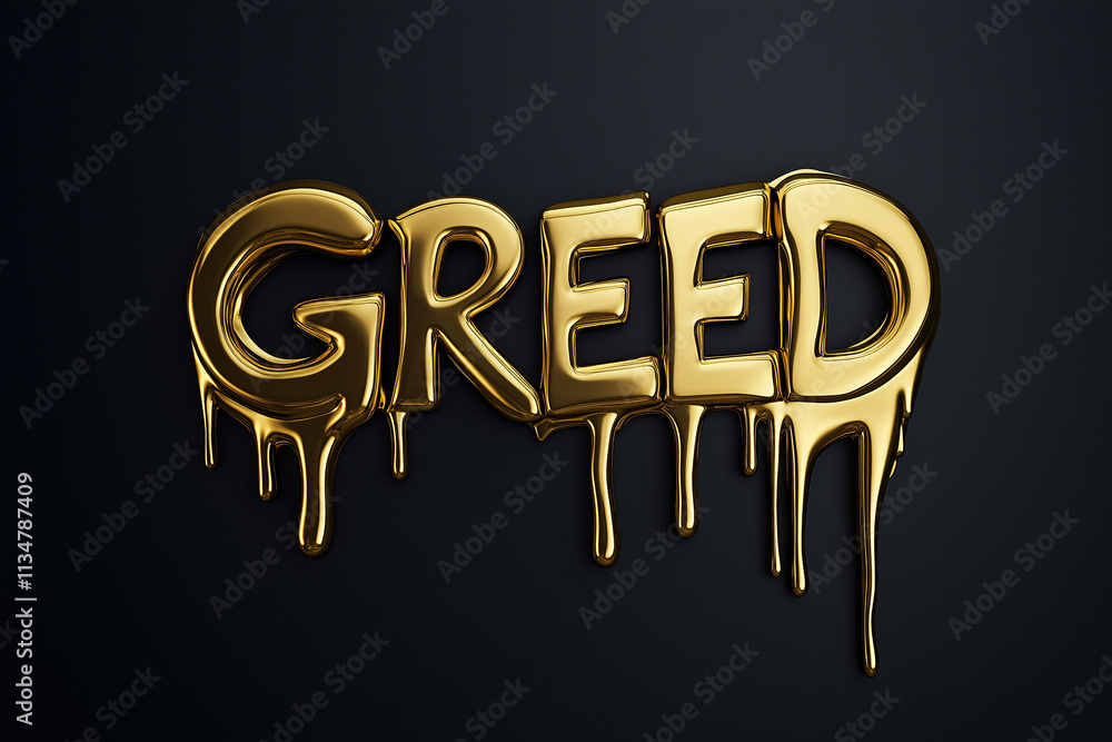Bold golden text resembling the word greed with a dripping effect against a dark background ...