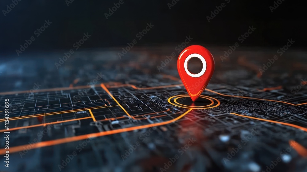Ilustración de Stock A bright red location pin sits on an interactive ...
