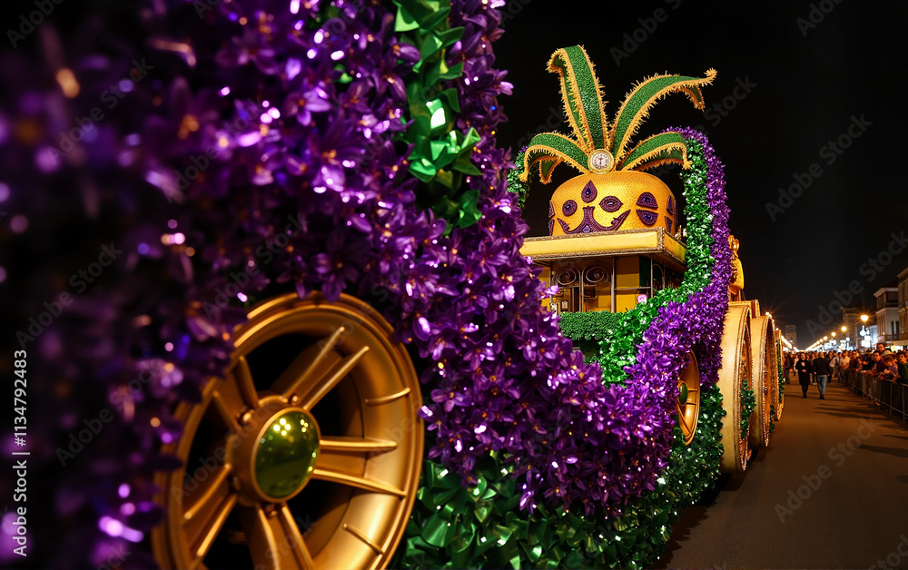 Mardi Gras parade float decorated with tinsel and beads at night Stock ...