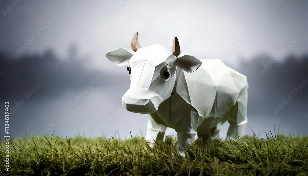 Handcrafted paper cow model with intricate origami folds and expressive ...