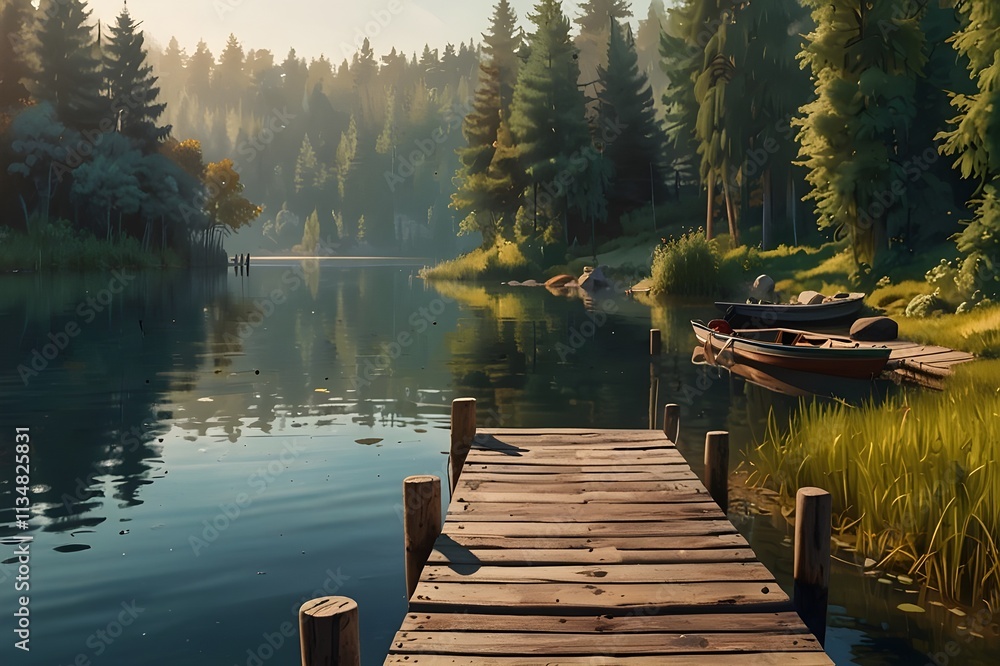 Boat in lake near wooden pier cartoon background. Dock and river ...