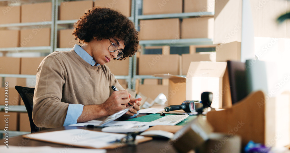 Man, writing and paperwork for distribution industry, inventory update ...