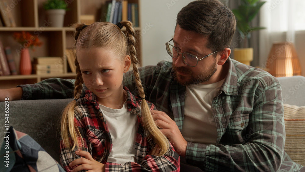 Family argument offended Caucasian child little kid girl avoid ignoring ...