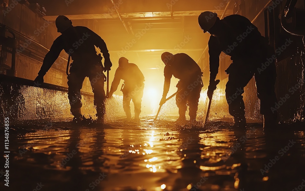 Silhouettes of construction workers in action, pouring concrete at ...