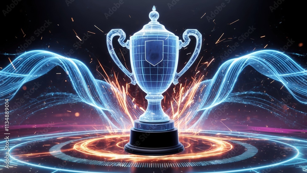 Futuristic holographic trophy surrounded by glowing blue swirls and ...