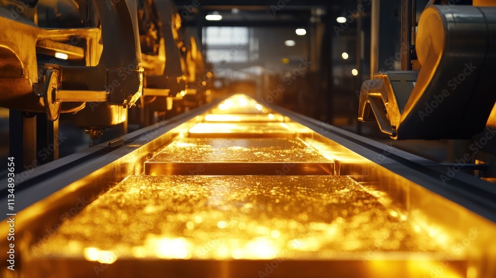 High-tech gold production line in a panoramic factory setting, molten ...