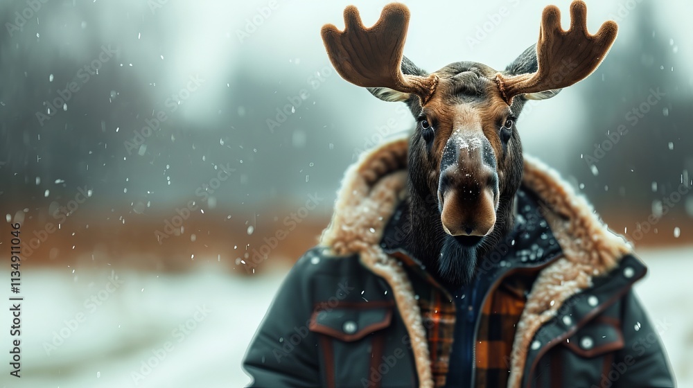 A surreal image of a male moose with a human body wearing a winter ...