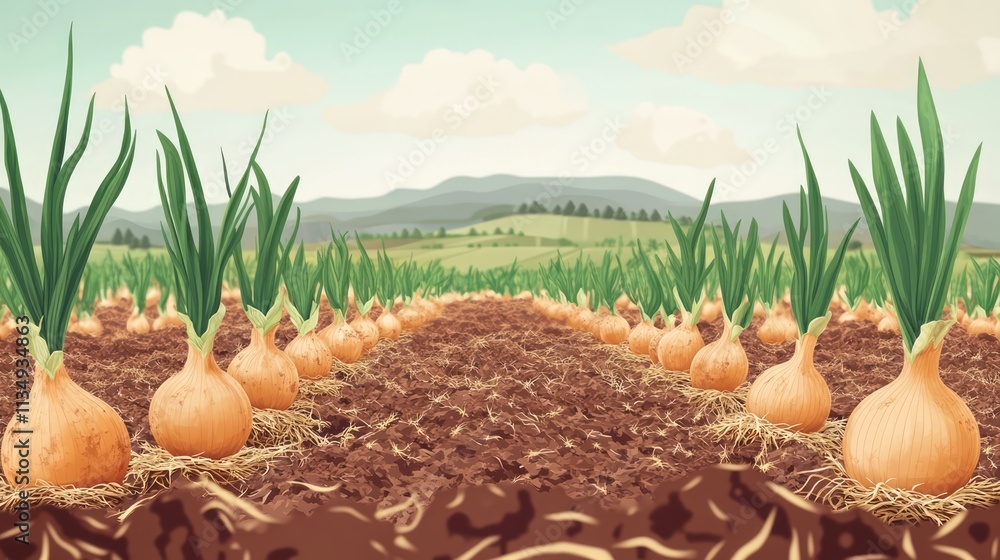 Agricultural cycle of onion farming illustrated, featuring soil ...
