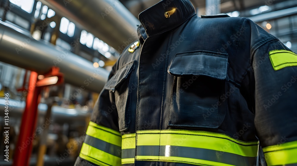 Textured firefighter uniform close-up, showing reflective strips, pipes ...