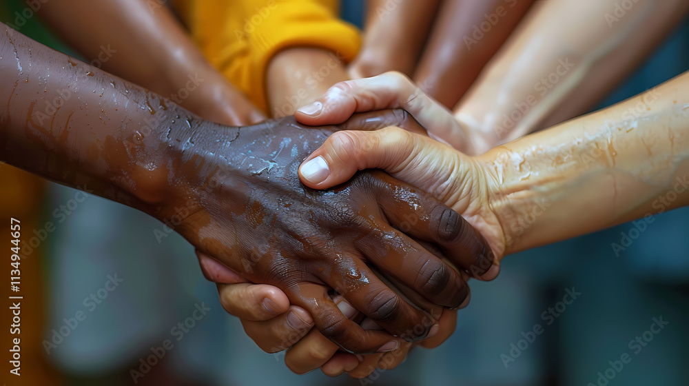 Hands Clasped in Unity: A close-up shot showcasing diverse hands clasped together, symbolizing ...