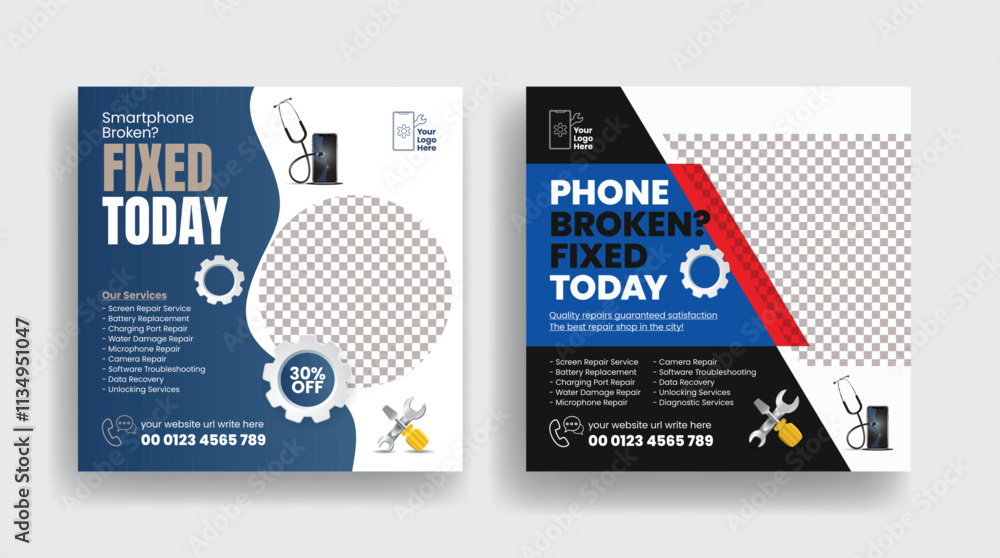 Repairing service workshop square flyer or poster, banner, promotional ...