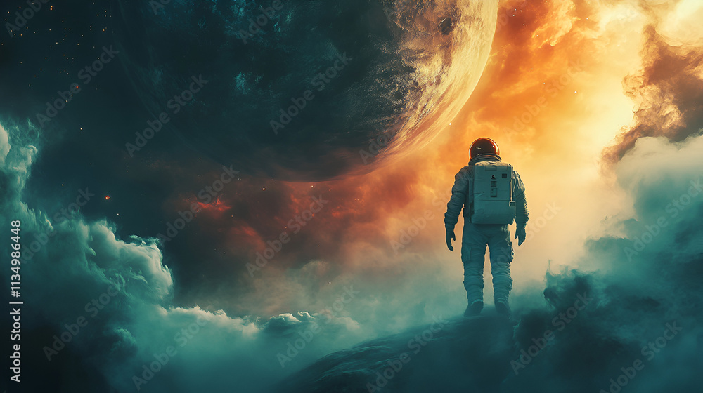 Spaceman and planet, human in space concept A man in a space suit is ...