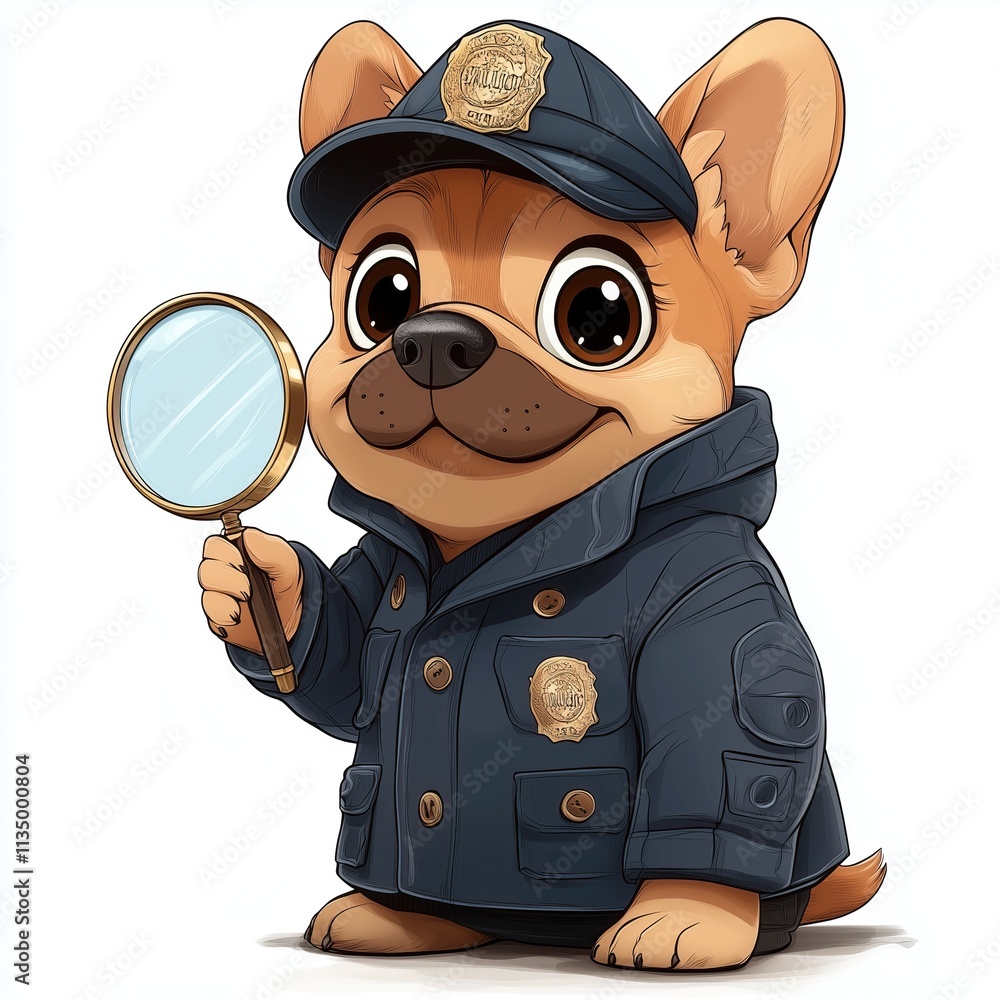 cartoon happy smiling playful french bulldog holding magnifying glass ...