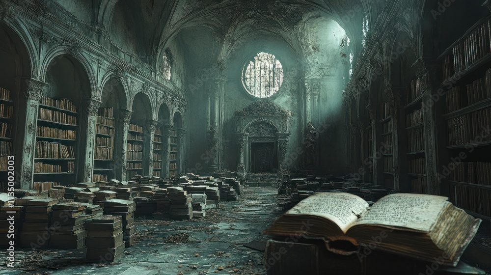 Forgotten Library: A digital painting of an ancient, ruined library ...