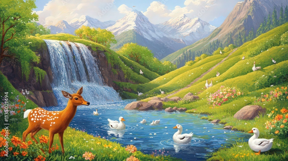 nature colorful scene, rolling green hills, shimmering streams, high ...