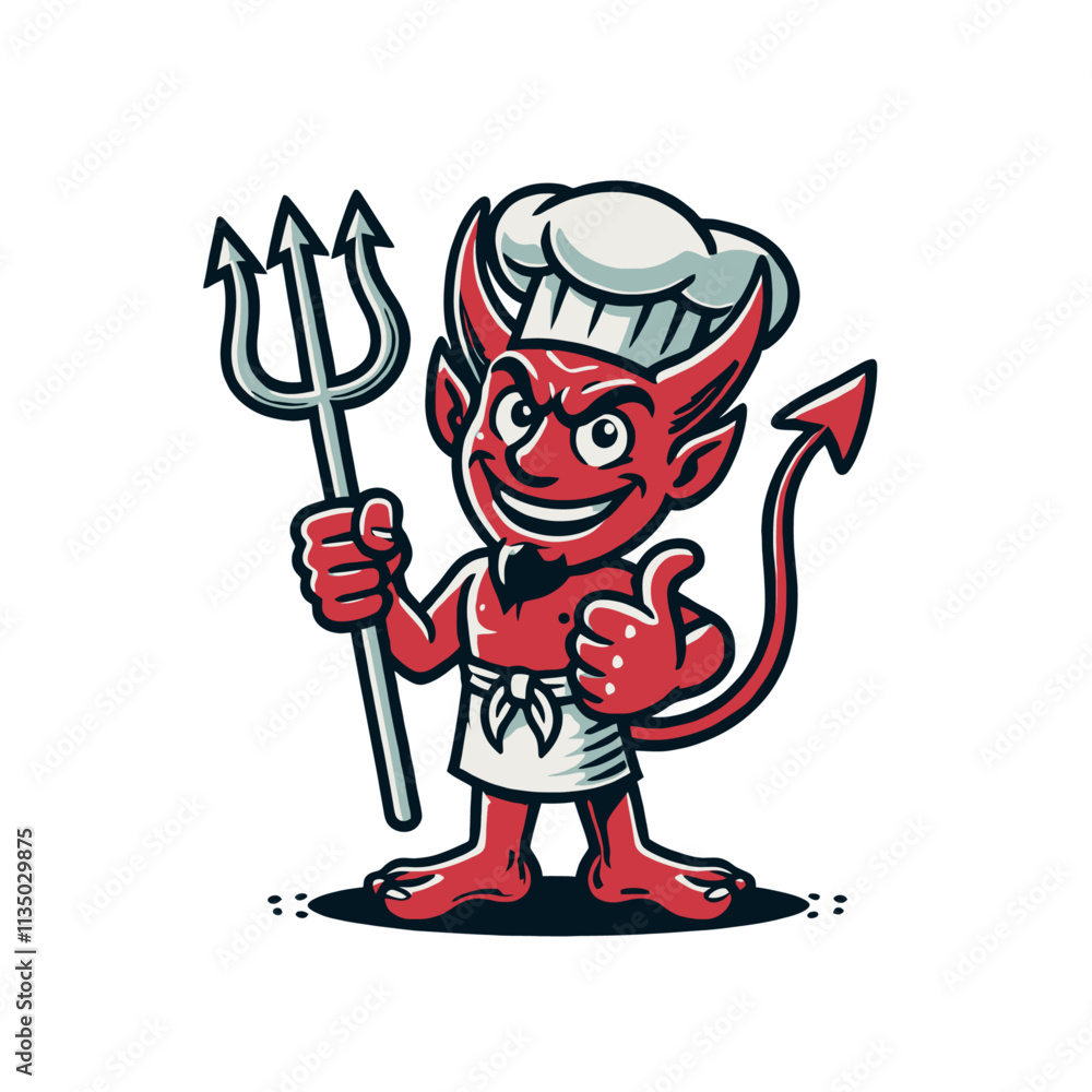 Cartoon devil chef holding a trident and giving a thumbs-up, wearing a ...