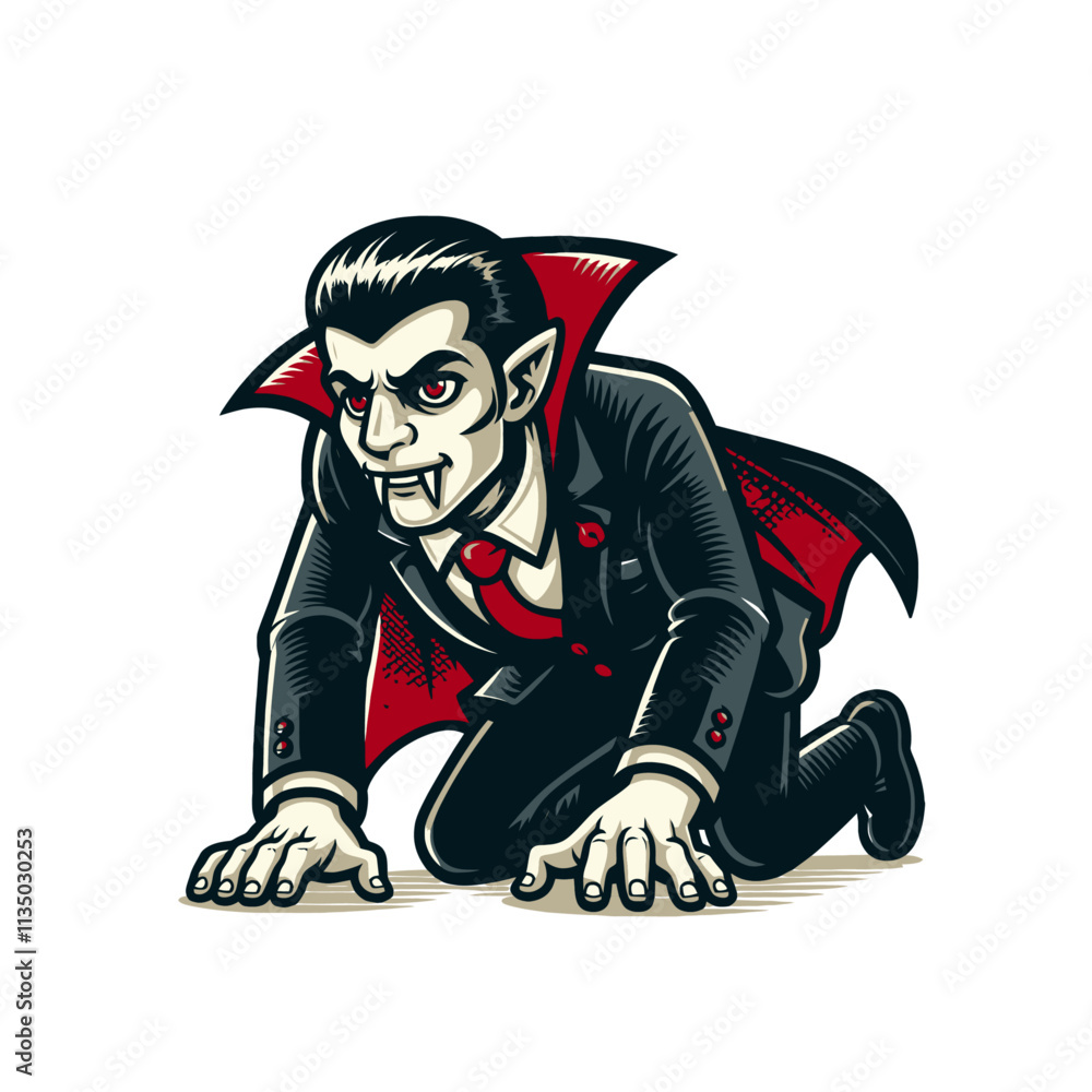 Cartoon vampire crawling with a sinister expression, wearing a dark ...