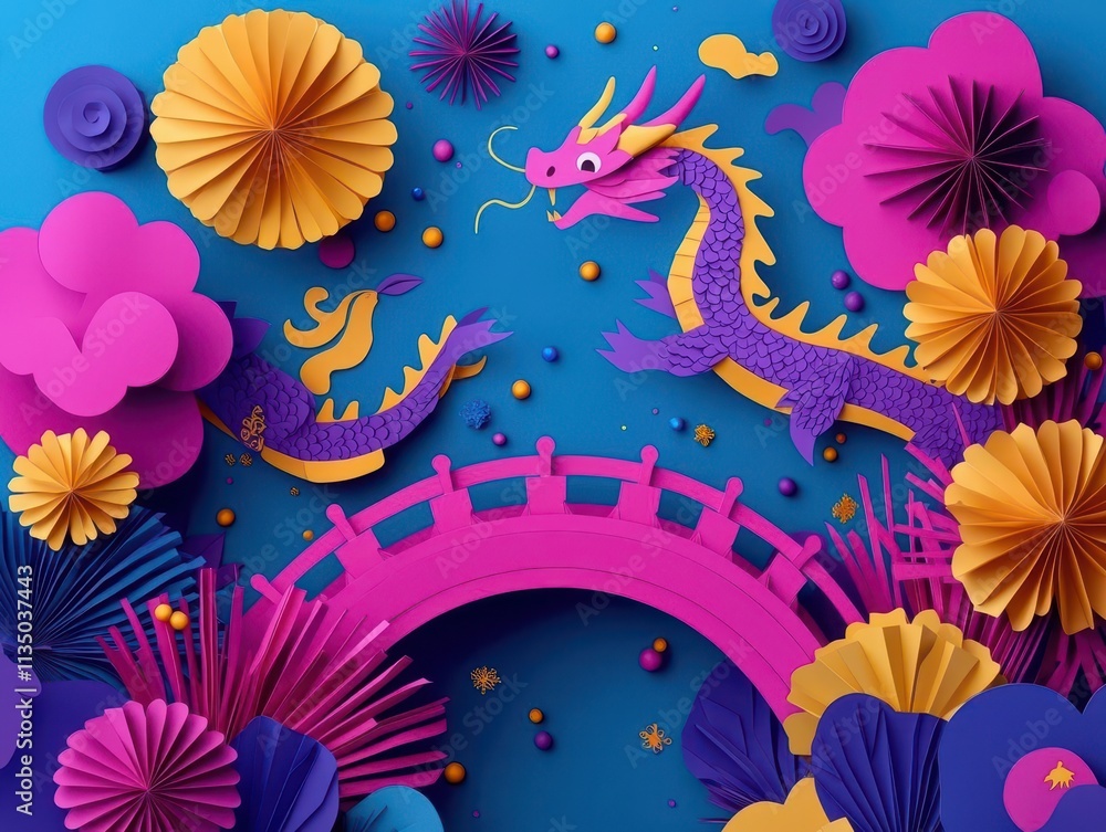 Serene papercut dragon parade crossing a glowing foldedpaper bridge ...