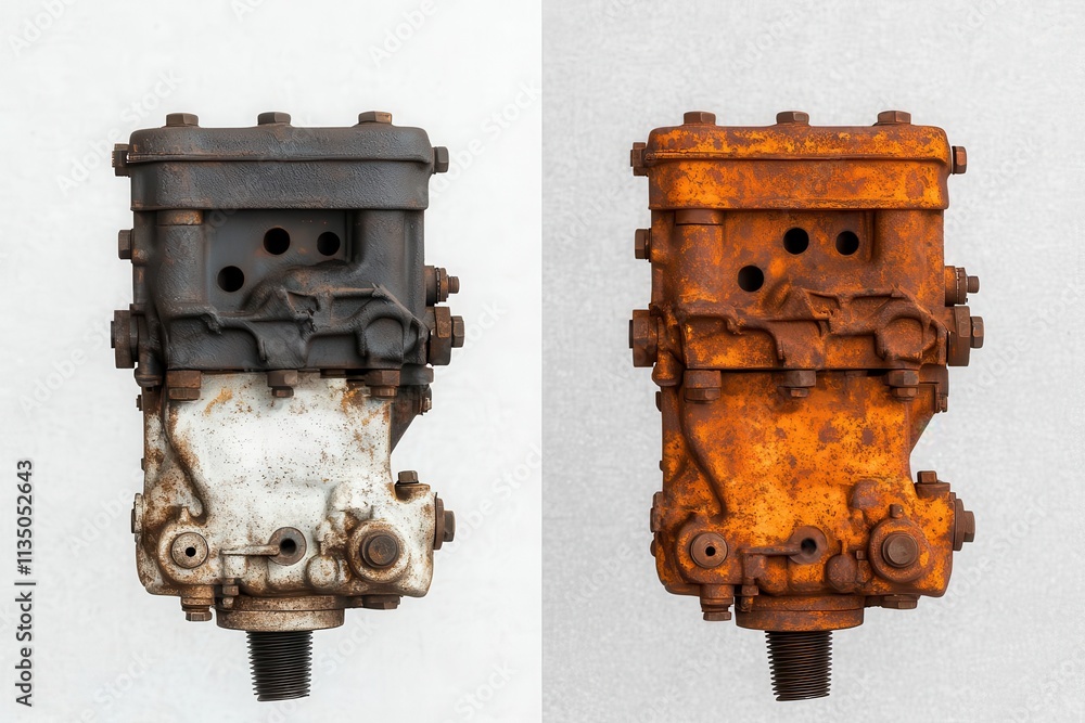 mechanics repair concept. A side-by-side comparison of a rusted engine ...