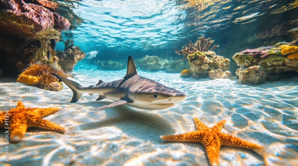 Baby shark swimming in shallow reef pool with starfish and coral Stock ...