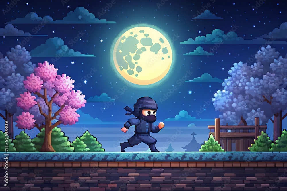 Night Photography of a Pixel Art Ninja Character for Game Assets in 2D ...