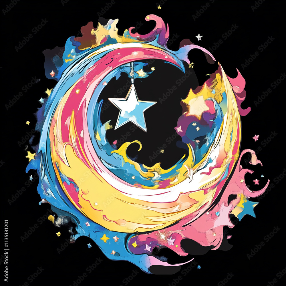 Star and Crescent Bahai Faith anime concept full color illustration ...