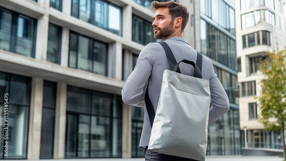 A man in business attire with a minimalist reusable bag slung over his ...