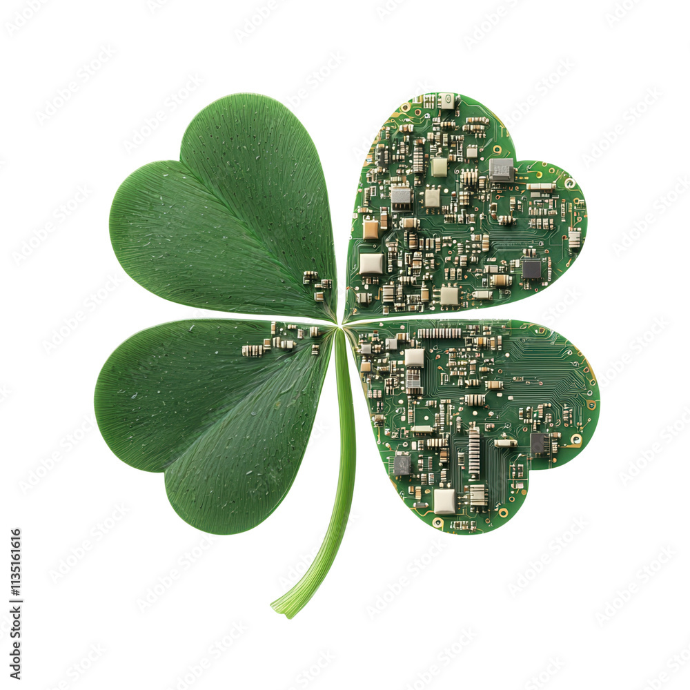 A green four-leaf clover featuring a detailed circuit board design ...