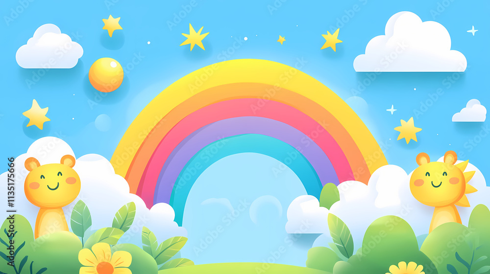 Cute cartoon frame border vector illustration with sun rainbow and ...