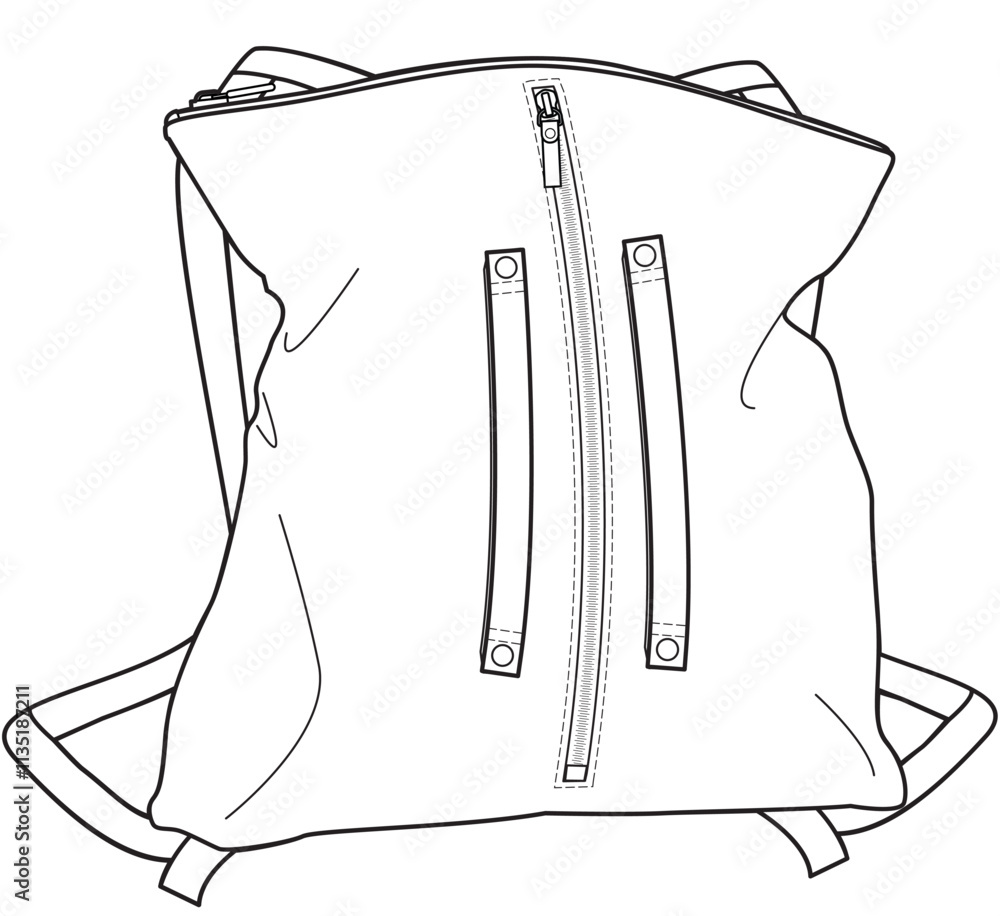 Vertical Zipper backpack flat sketch vector illustration technical cad ...