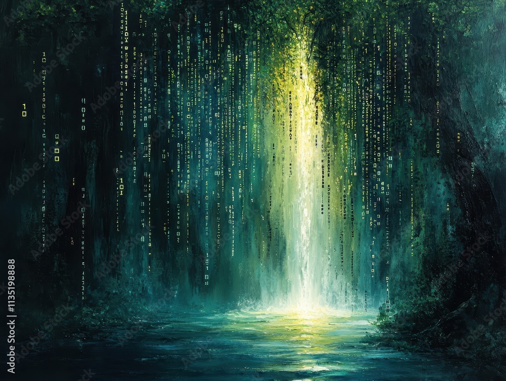 Enigmatic Digital Waterfall Surreal Oil Painting of a Lush Forest with Binary Code Cascading ...