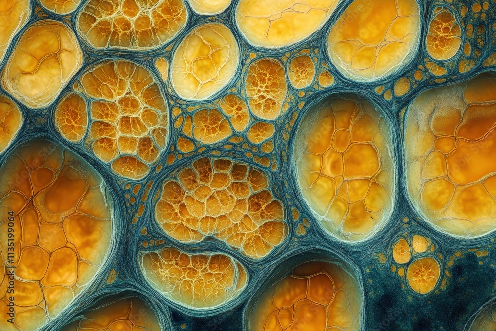 Microscopic view, woody dicot stem cross-section, plant cells, lignin ...