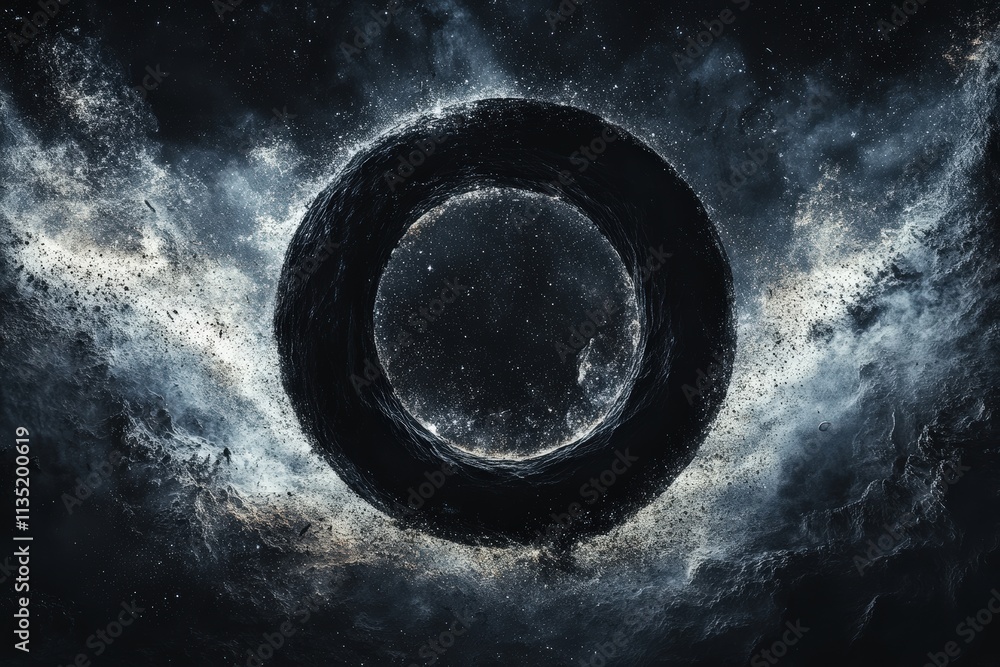 Minimalist space art, black hole silhouette as letter O, star field ...