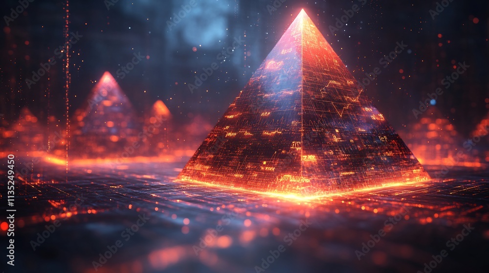 Transparent pyramidal health data visual glowing edges rotating layers ...