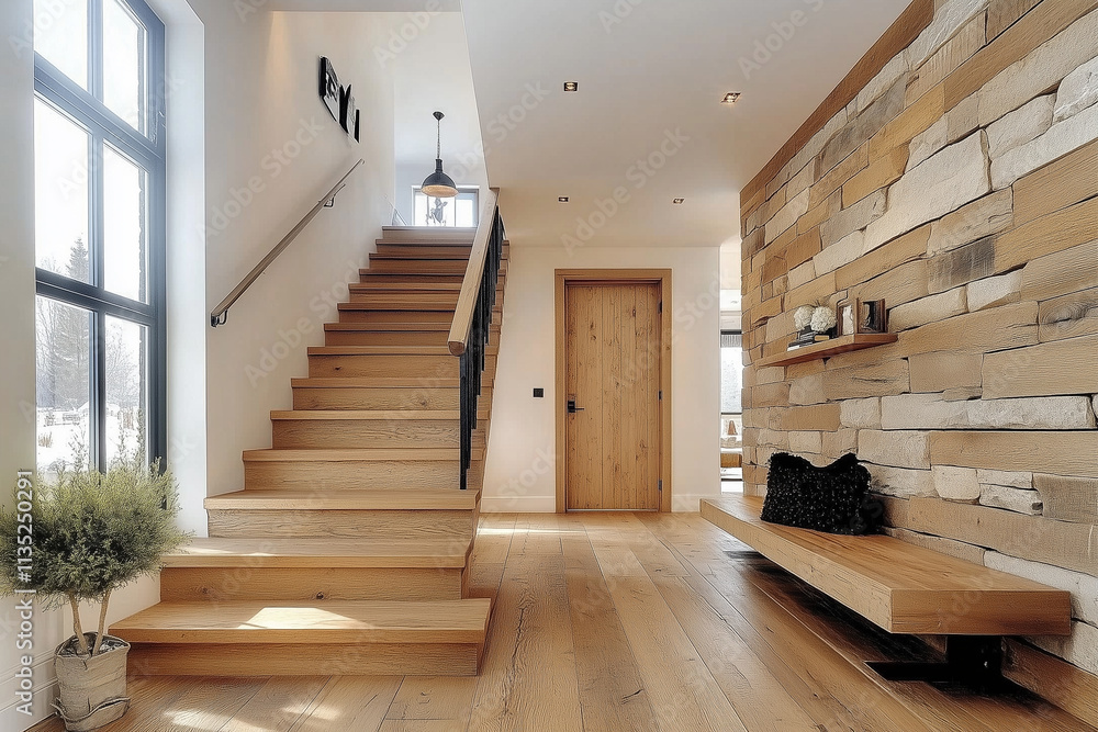 Wooden staircase and stone cladding wall in rustic hallway. Cozy home ...
