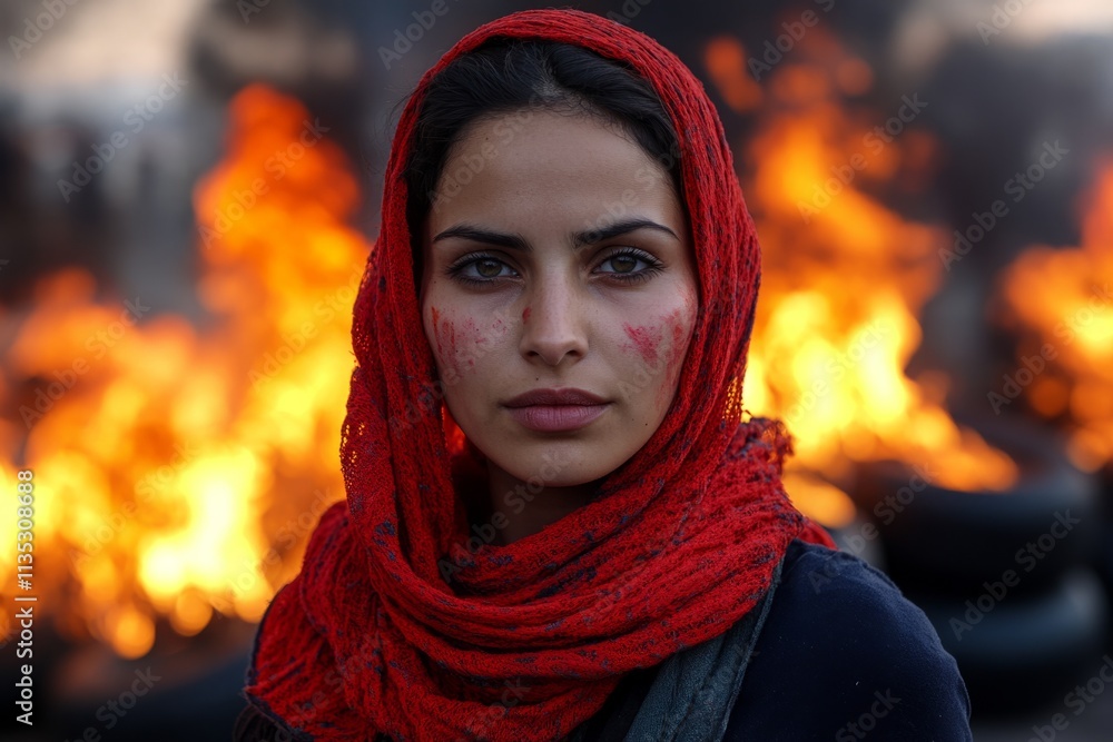 Woman wearing red scarf with blood stains on her face posing in front ...