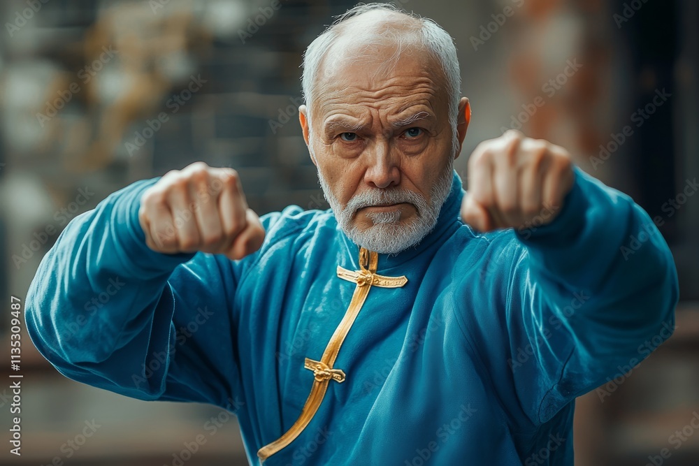 Elderly martial artist practicing kung fu in a traditional uniform ...