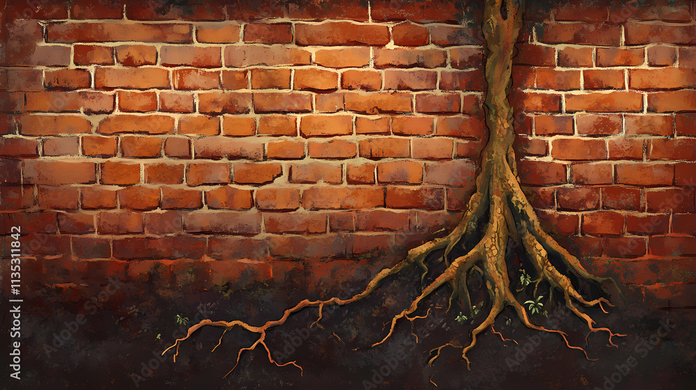 Red brick wall with textured mortar and tree roots growing out of the ...