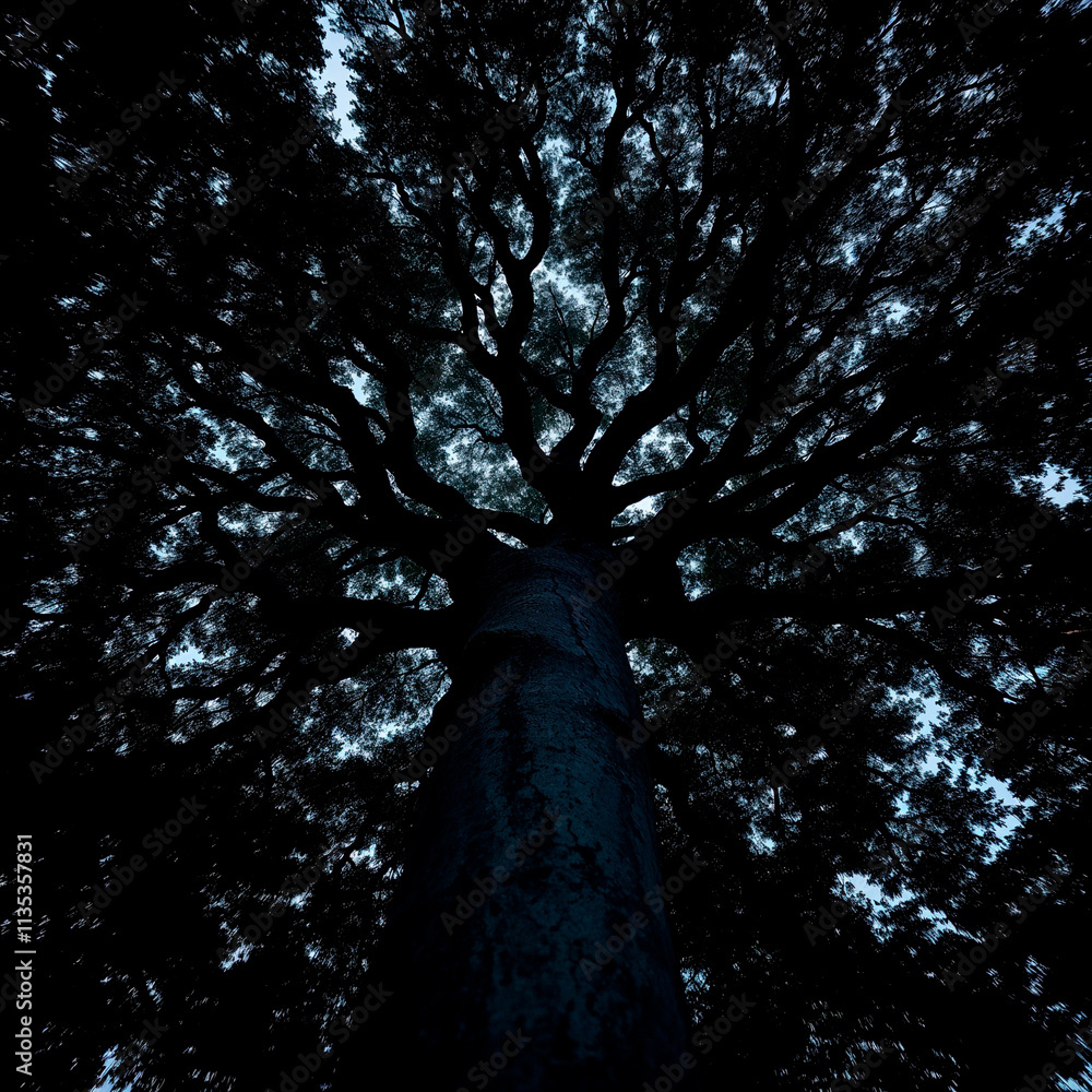 A high angle perspective image of an intense jet black tree, looking ...