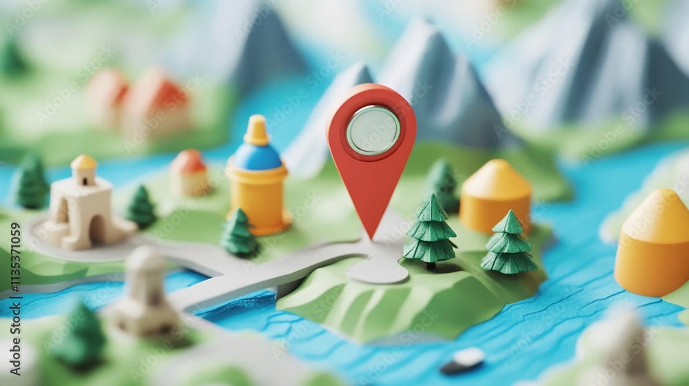 Miniature map with location marker, showing stylized villages ...