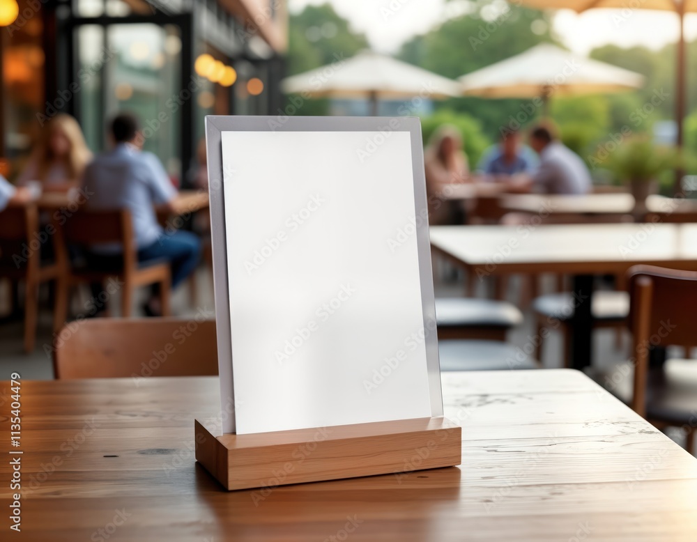 Blank menu frame on wooden table in outdoor cafe. White paper tent card ...