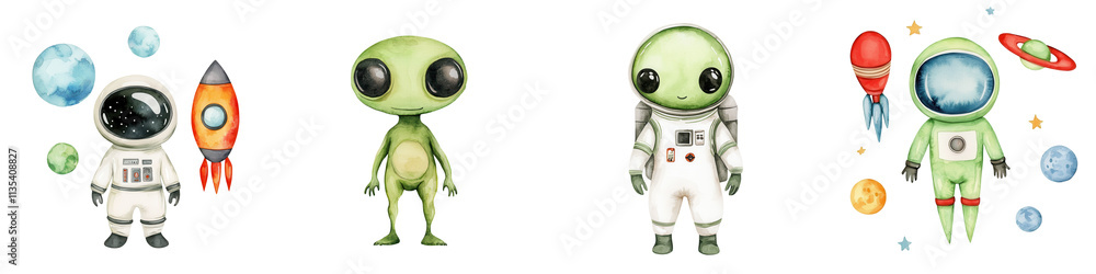 Colorful alien characters in space suits with planets and rockets ...