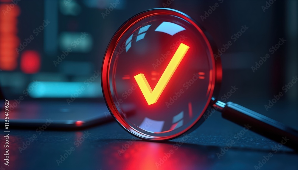Magnifying glass shows glowing checkmark. Quality control concept ...