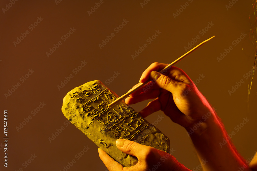 hands holding an Egyptian antiquity cuneiform clay tablet and writing ...