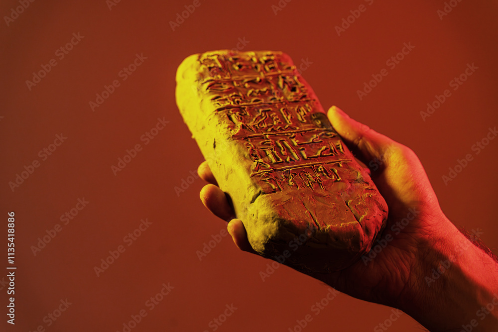 hands holding an Egyptian antiquity cuneiform clay tablet Stock Photo ...