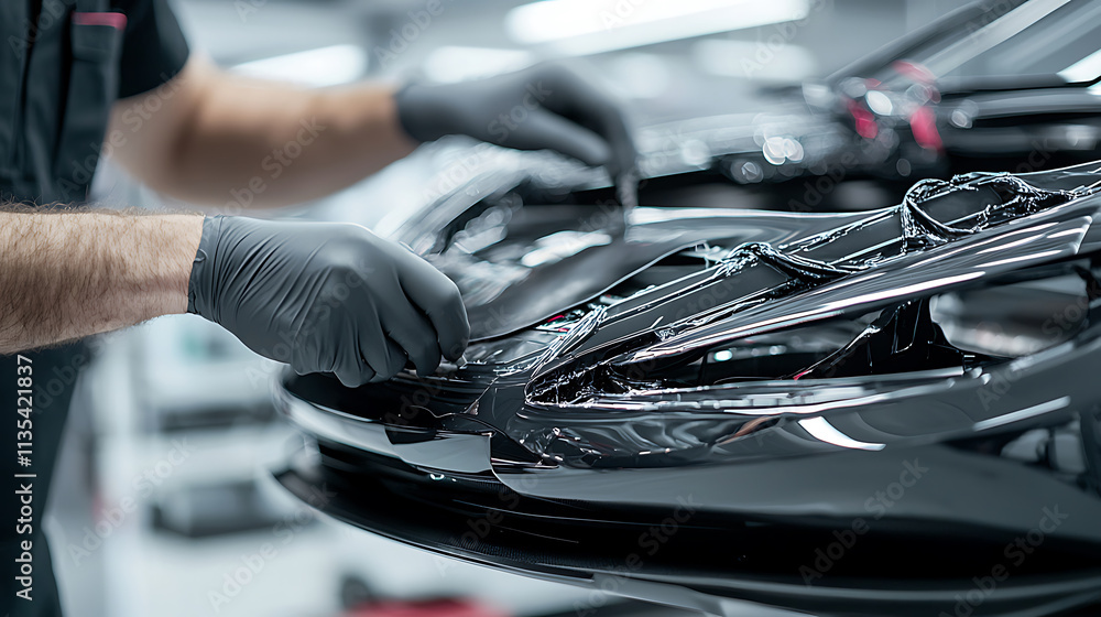 technician applying high performance coating on car surface, showcasing ...