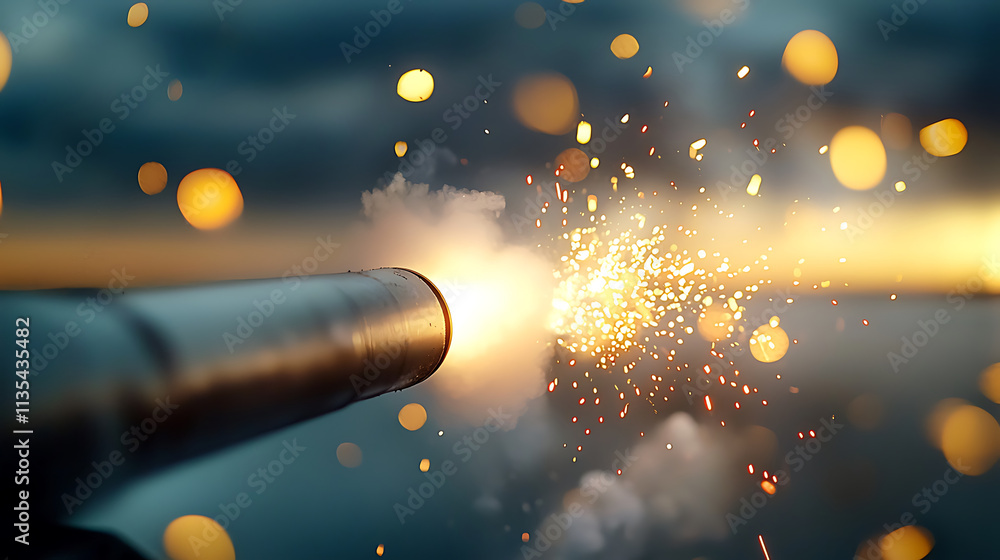 Cinematic image of warship firing its main guns, creating sparks and ...