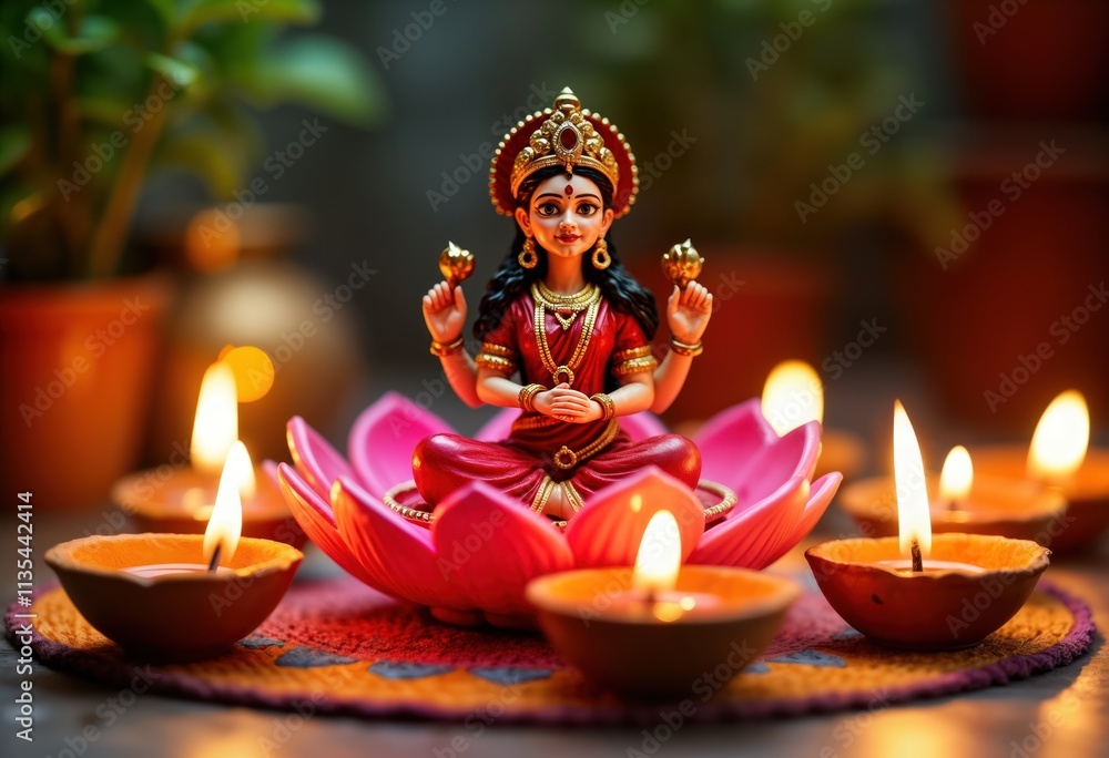 Beautiful clay idol of Hindu goddess Lakshmi sits on lotus flower ...