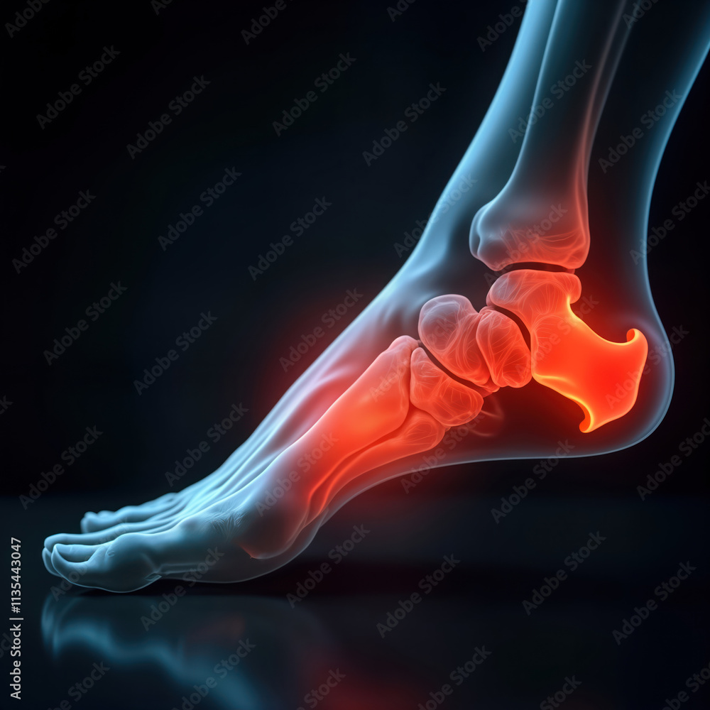 Medical illustration highlights painful heel anatomy. Foot bones ...