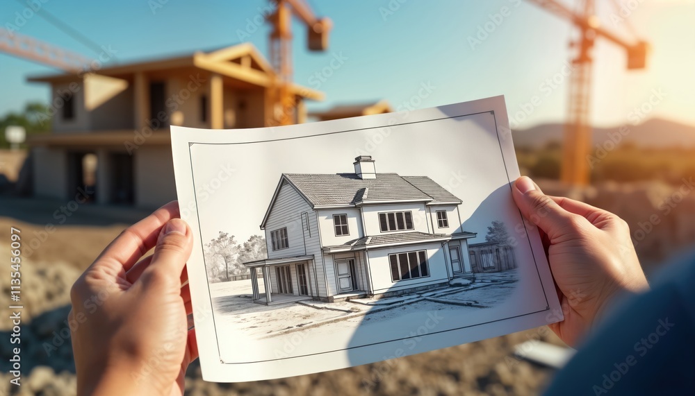 Hands hold blueprint of house over active construction site. Plan shows ...